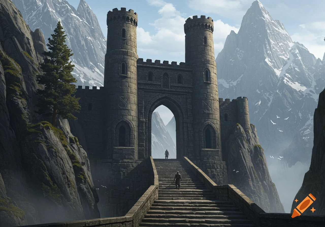 A large stone castle gate with two towers sits atop a long staircase in ...