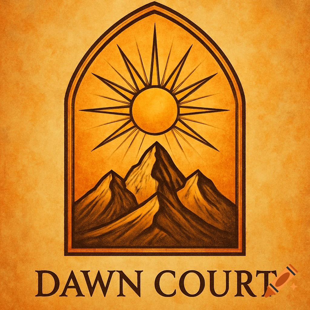 An illustrated symbol with mountains and a sun in an arch frame, with ...