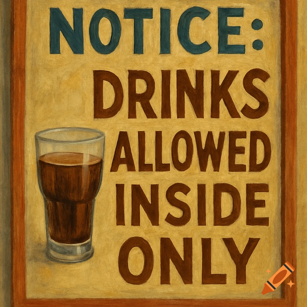 A painted sign with text 'NOTICE: DRINKS ALLOWED INSIDE ONLY' and a ...