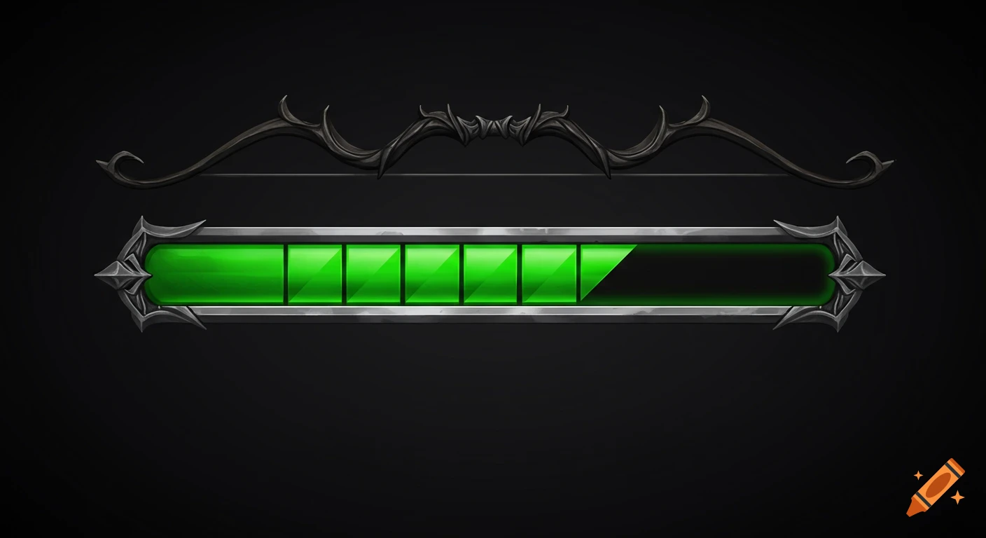 Dark fantasy video game health bar with green segments and a decorative ...