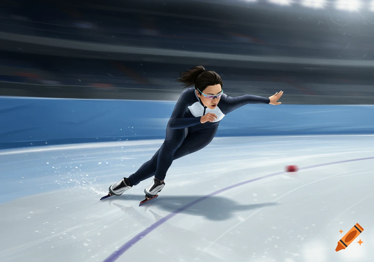 Digital painting of a speed skater racing on an indoor ice rink. on Craiyon