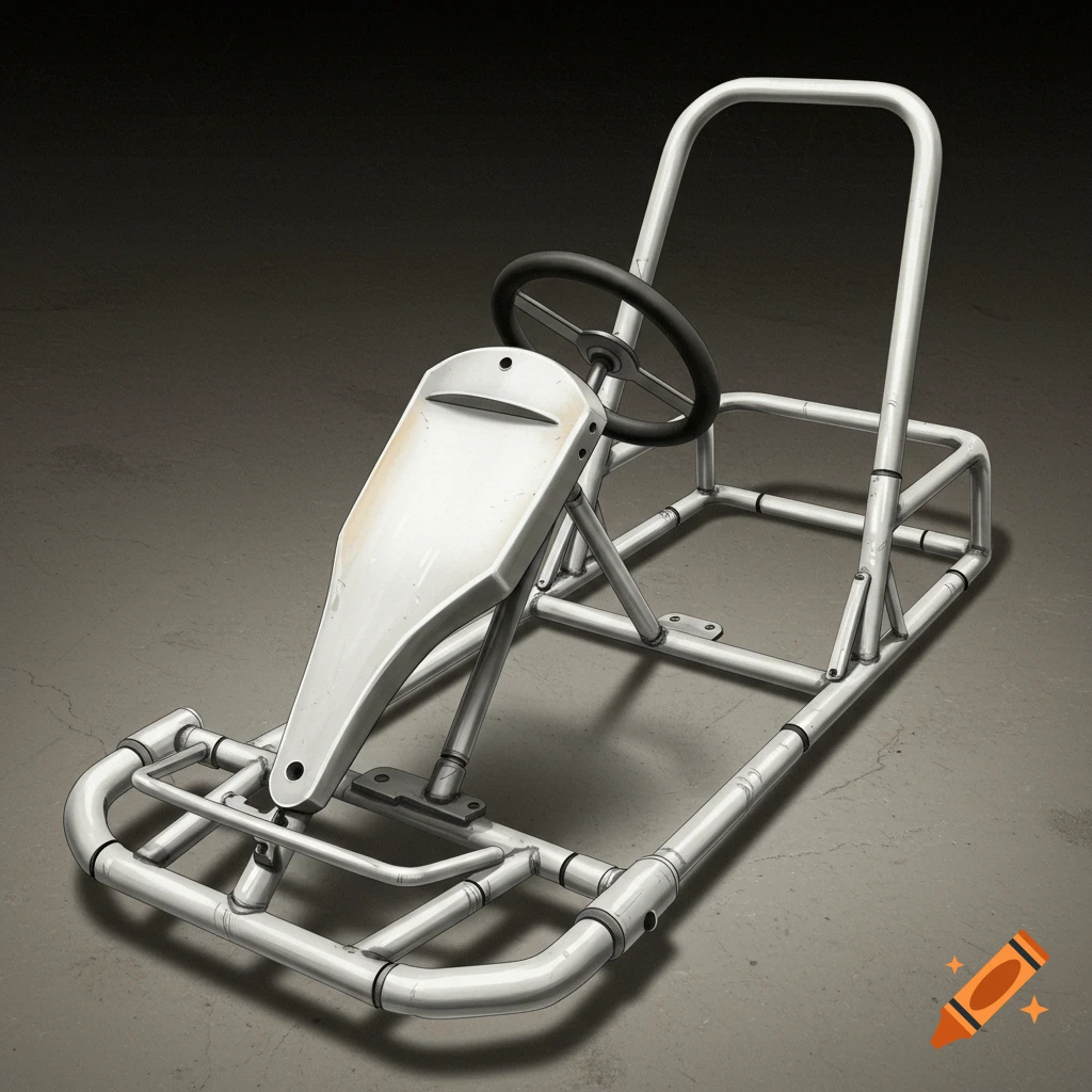 A metal pipe frame for an adult go-kart sits on a concrete floor. on ...