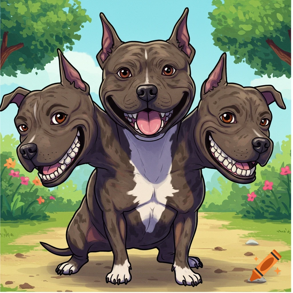 A cartoon illustration of a three-headed Staffie dog (Cerberus) smiling ...