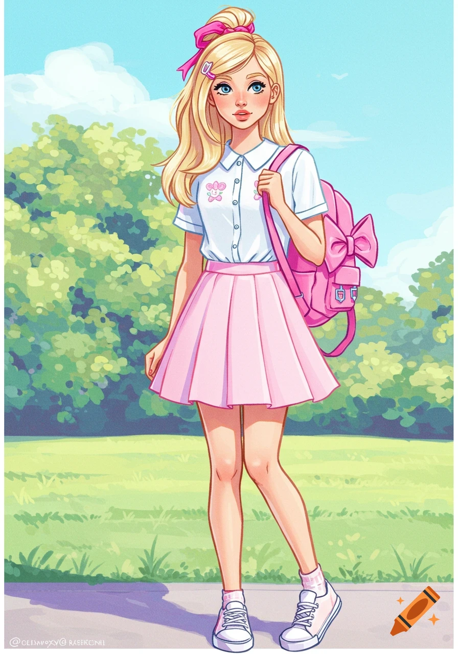 A cartoon blonde teenage girl in a preppy outfit stands outdoors with a ...