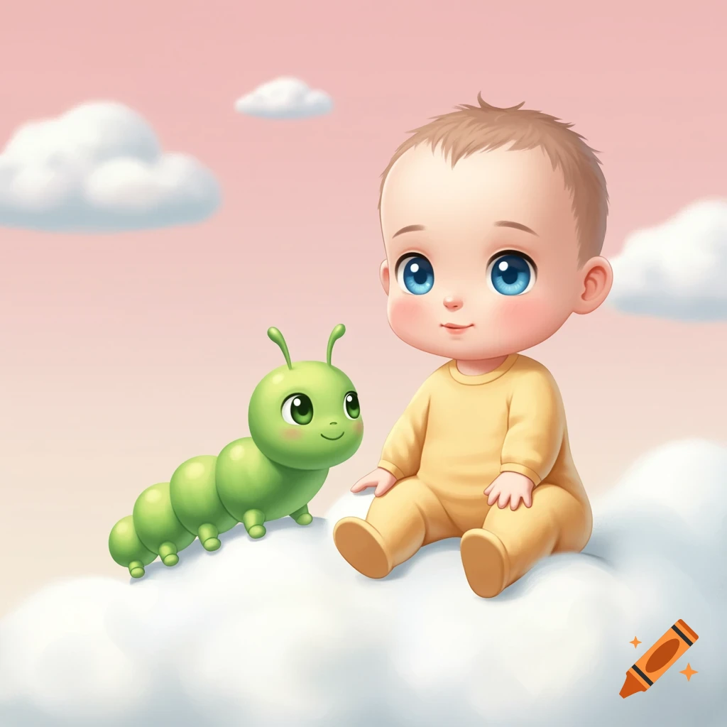 Chibi baby sitting on a cloud with a green caterpillar in the sky on ...