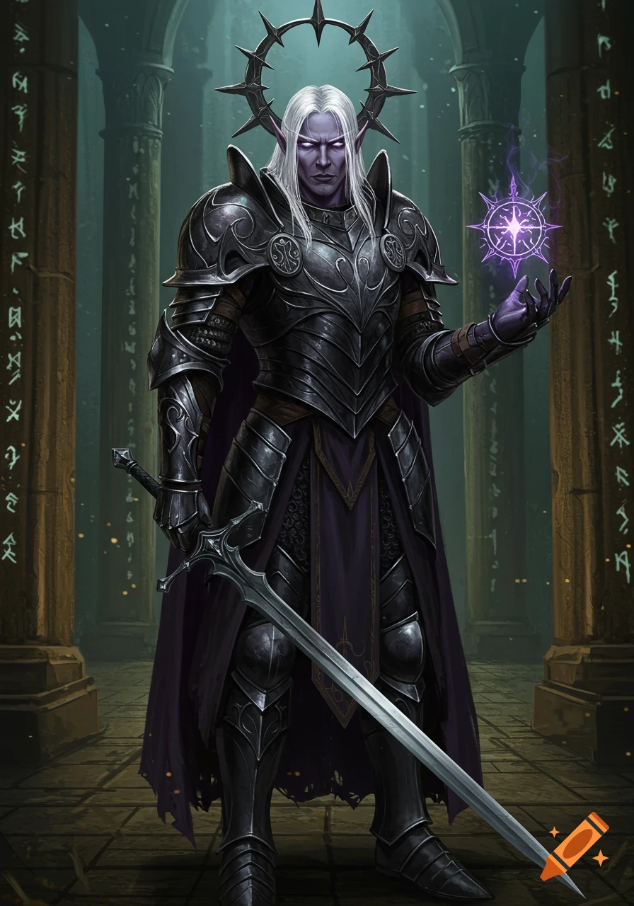 A dark elf cleric in ornate armor stands in ancient ruins holding a ...