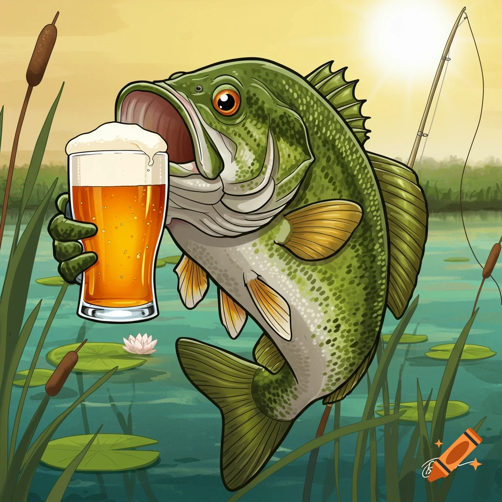 Illustration of a bass fish holding a beer mug by a lake with a fishing ...