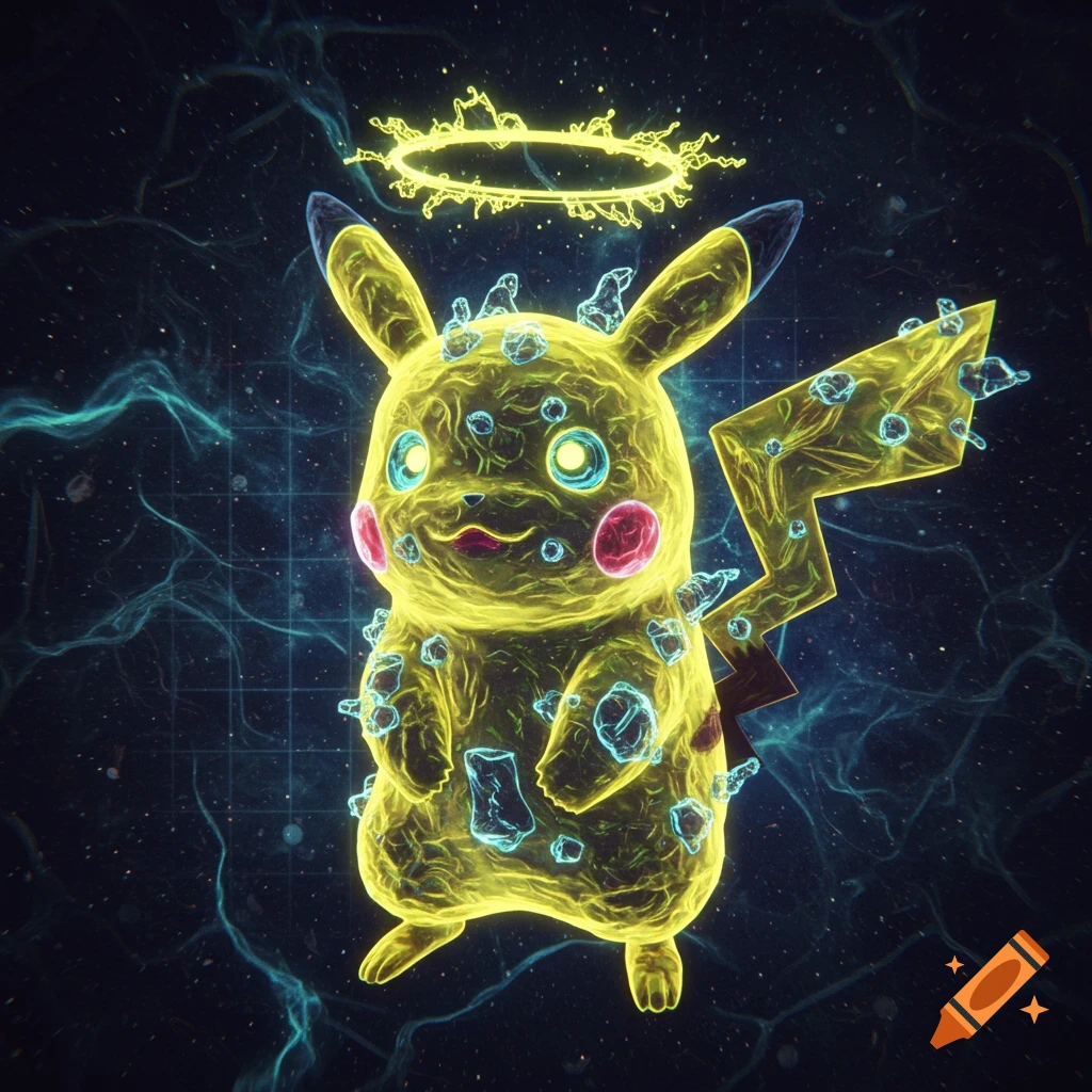 Glowing, abstract Pikachu in a cosmic void with a halo. on Craiyon