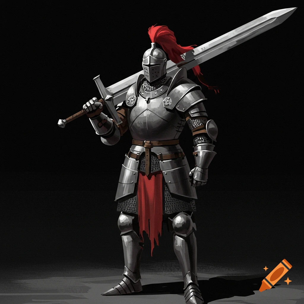 A knight in full armor holding a large sword over his shoulder. on Craiyon