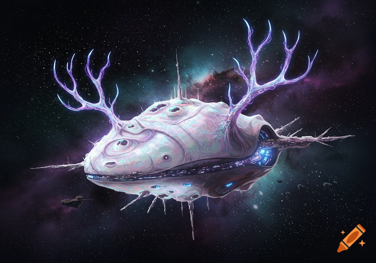 A large alien space station resembling a shell with glowing antlers ...