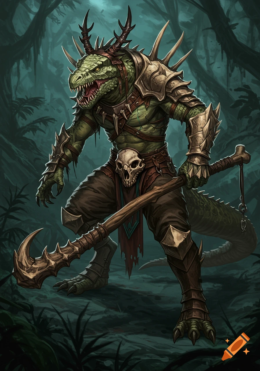 A humanoid lizard creature in bone armor holding a bone club in a dark ...