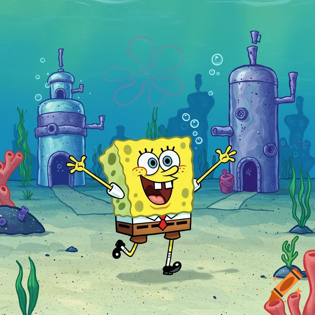 SpongeBob SquarePants happily runs underwater in a cartoon style. on ...