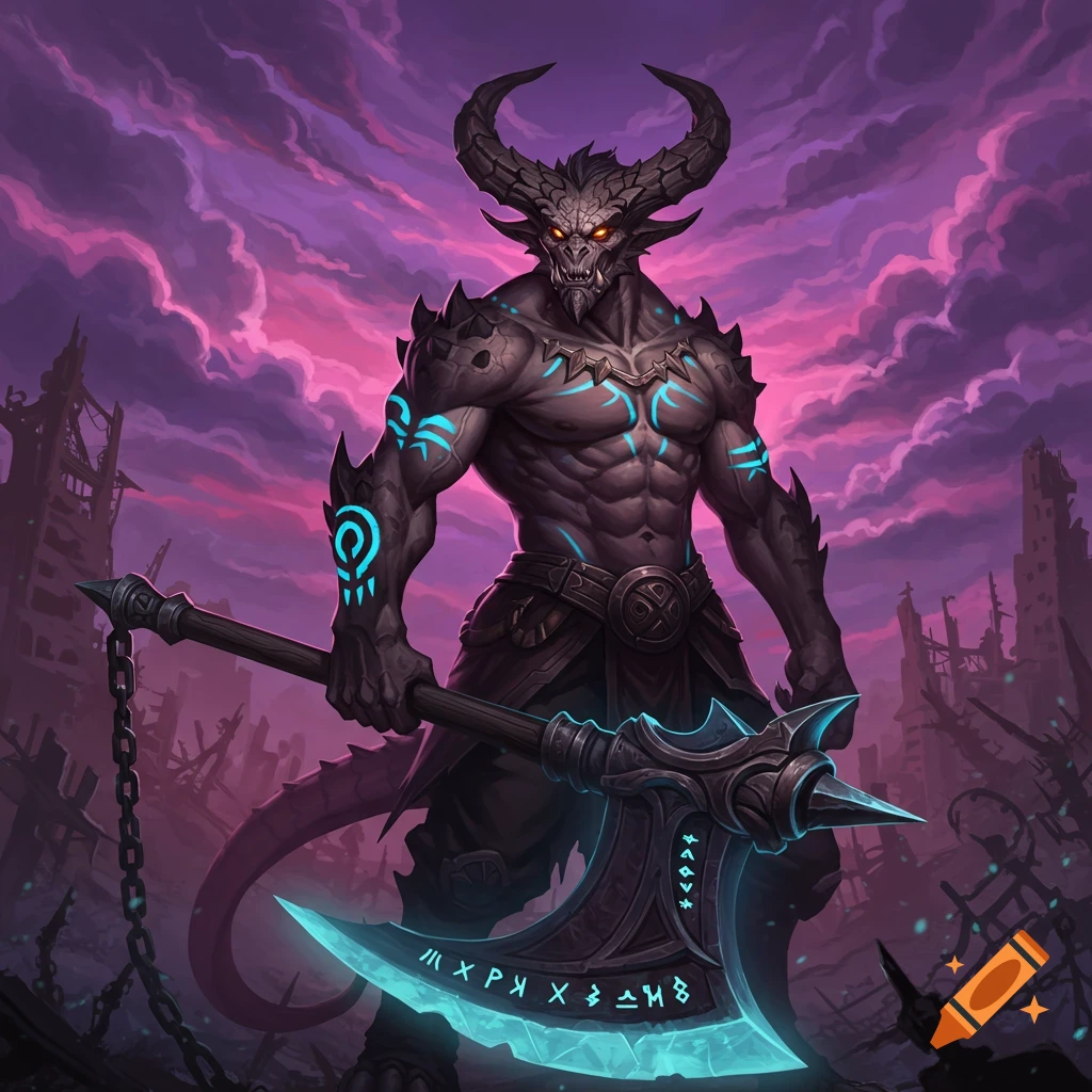 Muscular demon creature with horns and glowing cyan markings standing ...