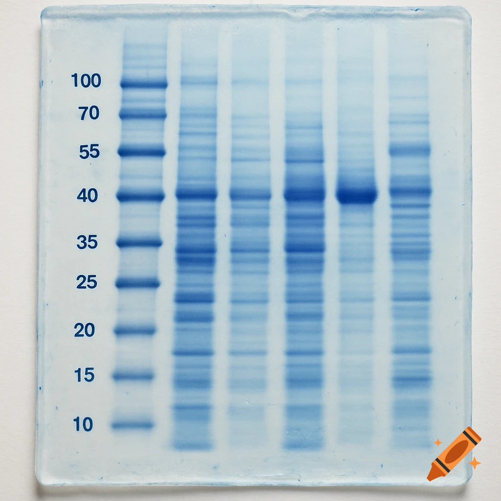 A realistic laboratory photograph of an SDS-PAGE protein gel showing a ...
