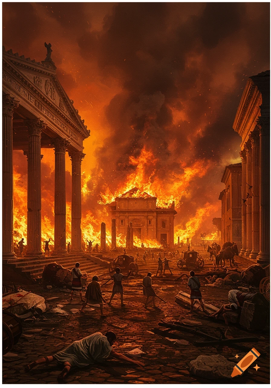 Dramatic illustration of ancient Rome burning with figures fleeing and ...