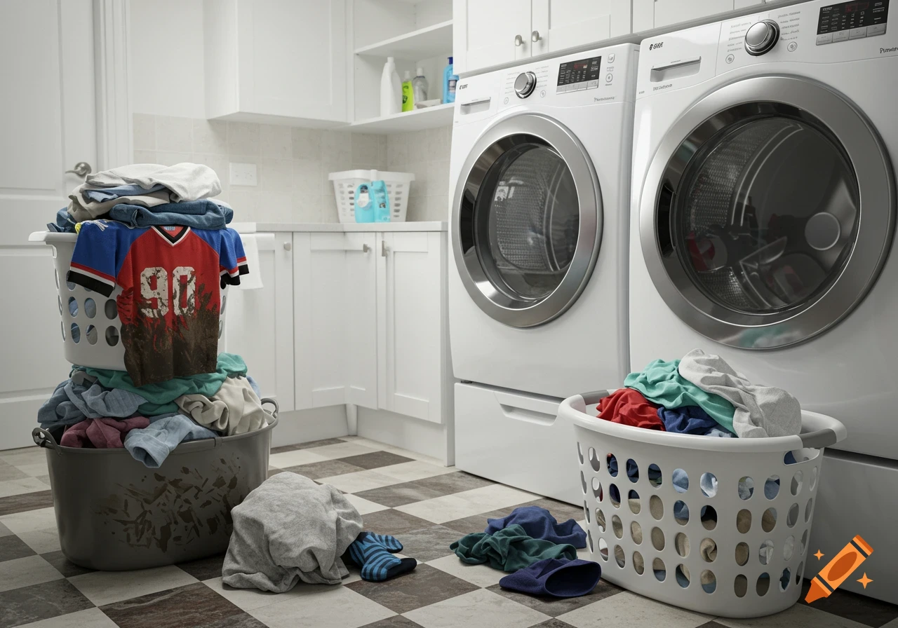 A messy laundry room with washer, dryer, and overflowing baskets of ...