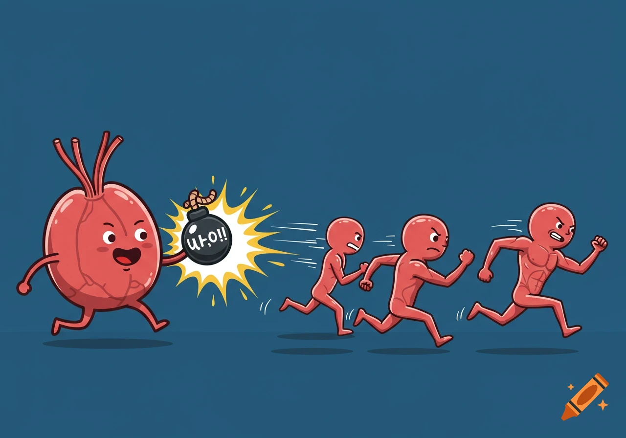 A cartoon adrenal gland character happily throws a bomb with gibberish ...