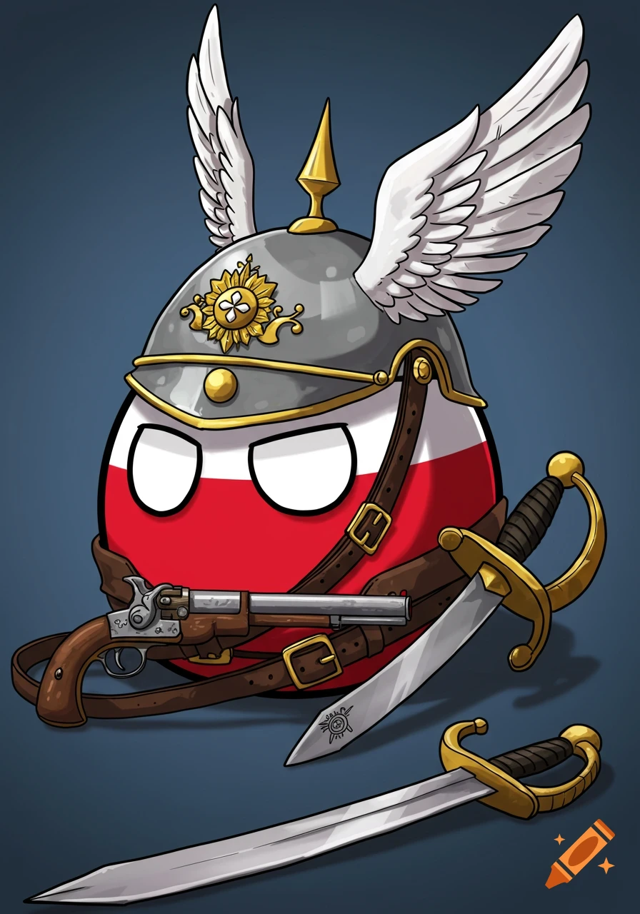 Cartoon Polandball character in a Winged Hussar helmet with a pistol ...