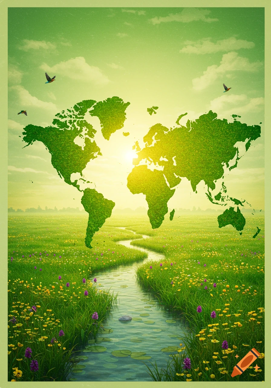 Green grassy world map floats above a flower-filled meadow with a ...