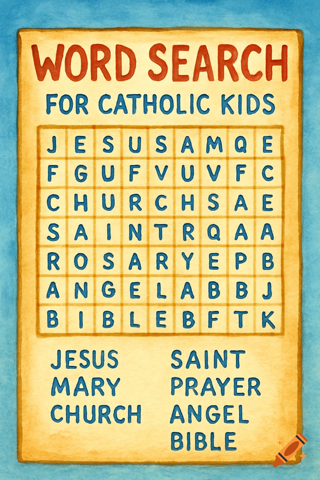 A watercolor illustration of a word search puzzle with religious words ...
