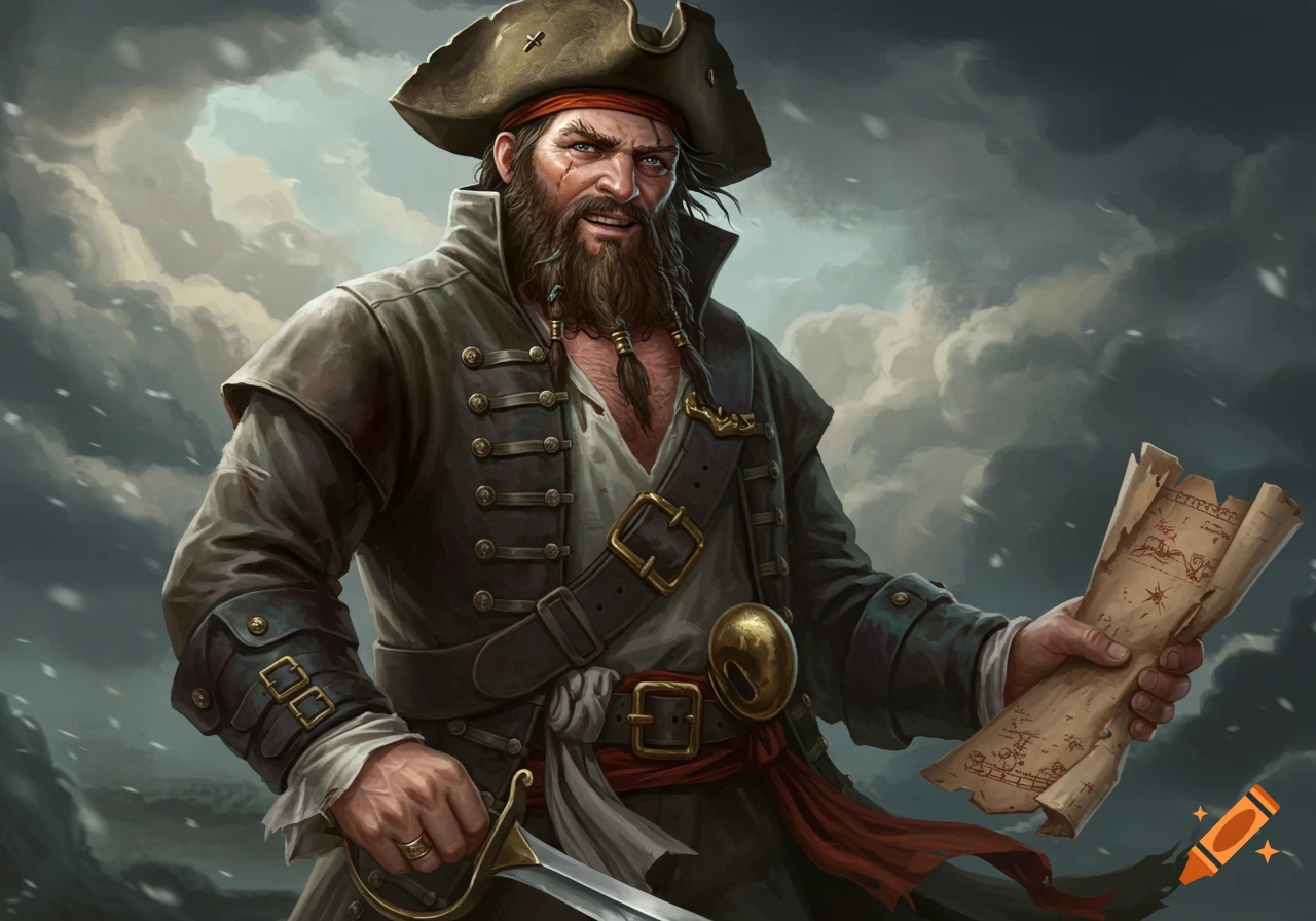 A rugged pirate with a beard and eye patch holds a sword and treasure ...