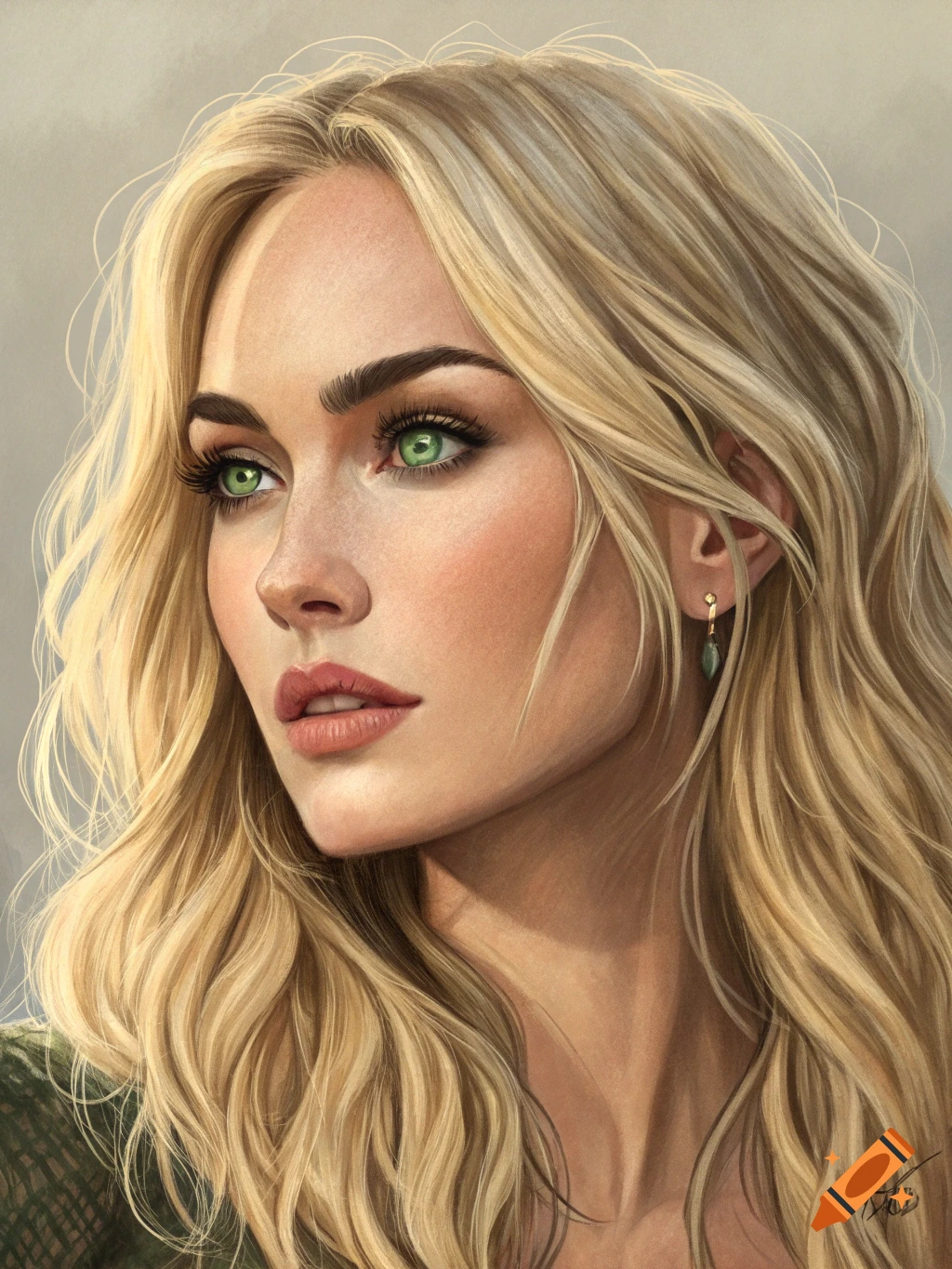 Close-up realistic portrait of a blonde woman with green eyes looking ...
