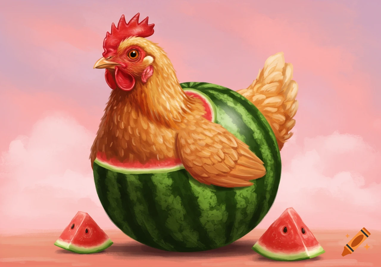 Illustration of a chicken with a watermelon body and watermelon slices ...