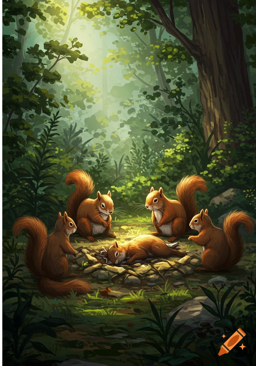 Five squirrels gather around a fallen squirrel in a sunlit forest ...