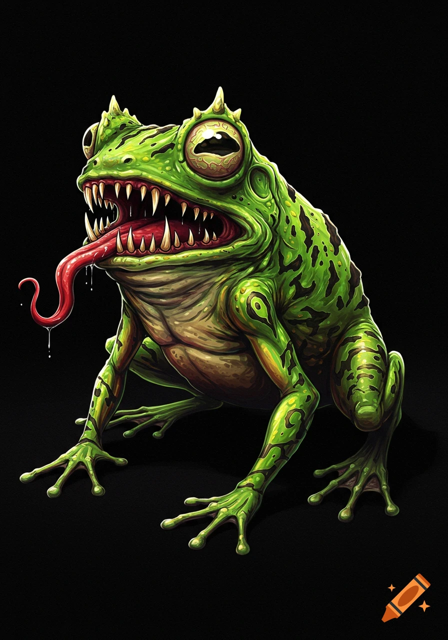 Monstrous green frog with sharp teeth and long red tongue illustration ...