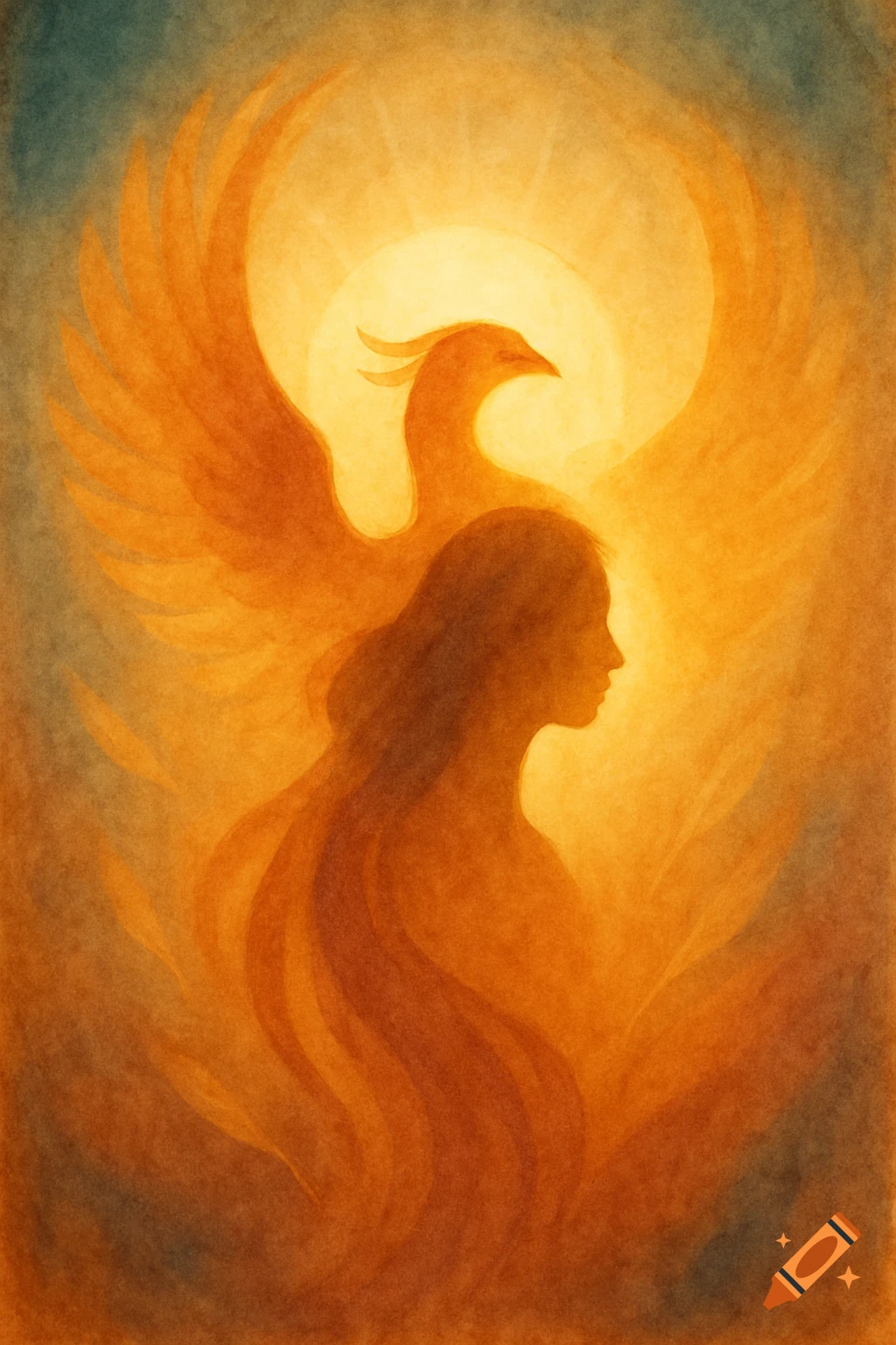 Watercolor illustration of an orange phoenix rising behind a female ...