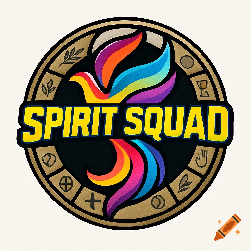 Logo for 'Spirit Squad' with a colorful dove and swirling shapes in the ...