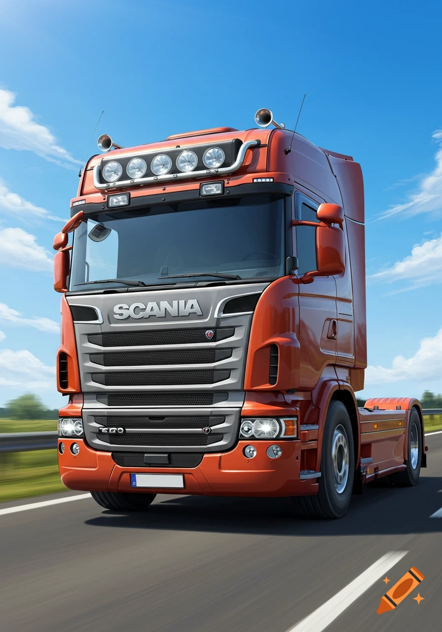 A large orange Scania semi-truck drives down a road under a blue sky ...