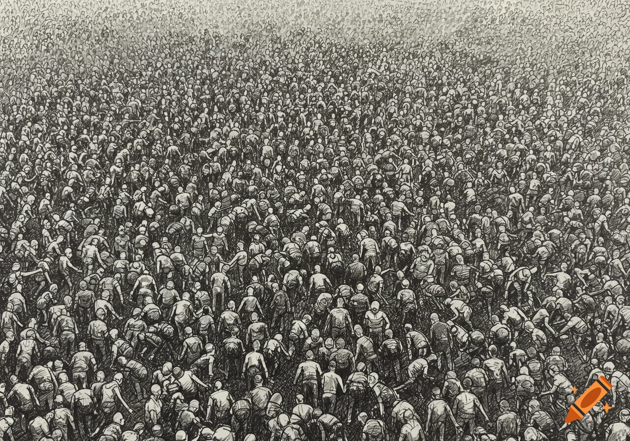 Sketch drawing of a vast crowd of tiny people on Craiyon