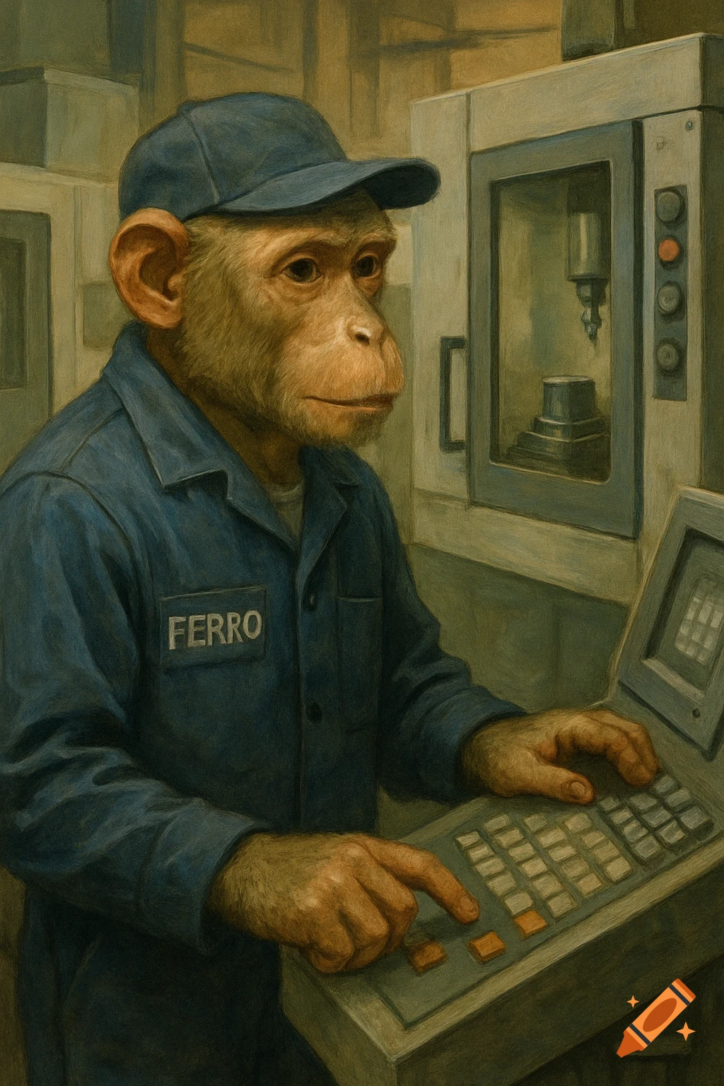 A monkey in a blue uniform and cap operates machinery in a factory ...