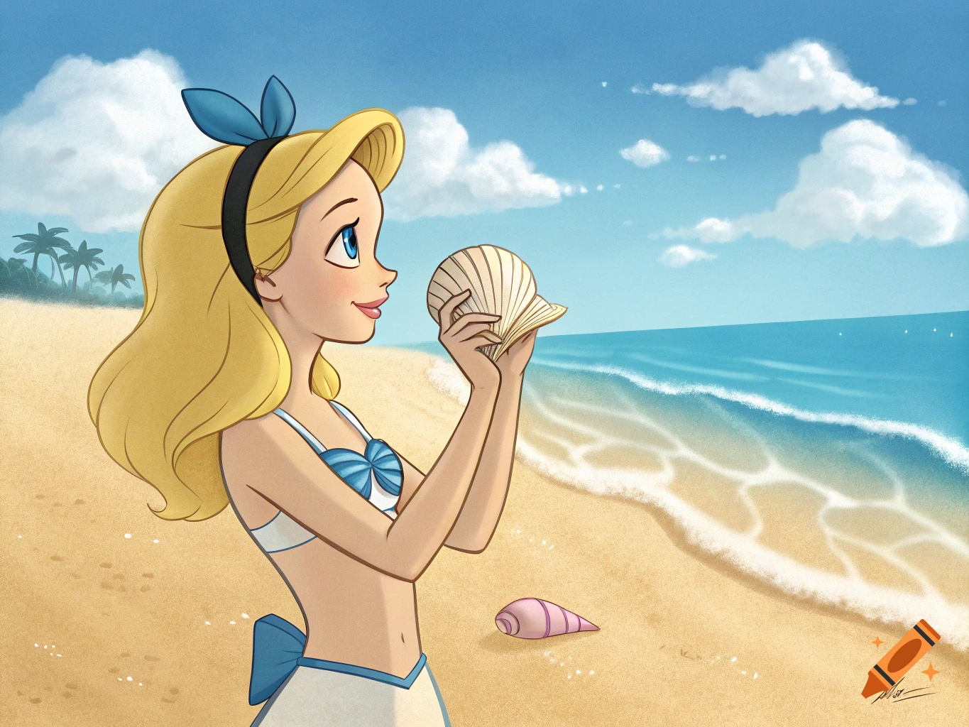 Alice in Wonderland in a bikini on a beach, holding a seashell. Cartoon illustration. on Craiyon