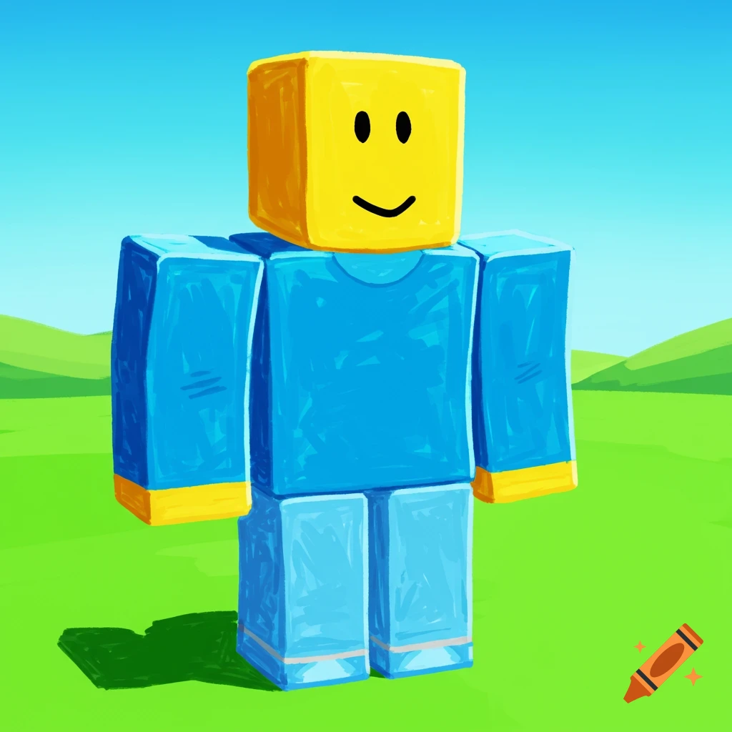 A Roblox noob character stands in a grassy field under a blue sky. on ...
