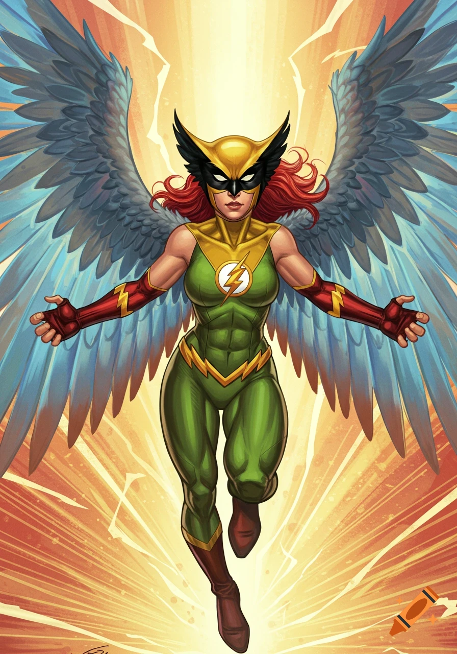 A flying female superhero with hawk wings and a costume combining Hawk ...