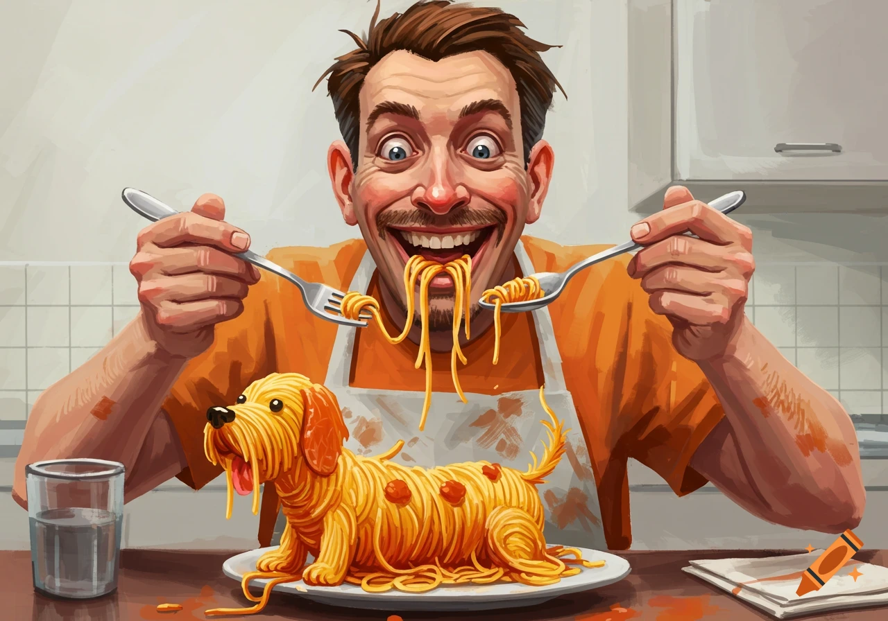 Cartoon illustration of a man eating spaghetti with a fork and spoon ...