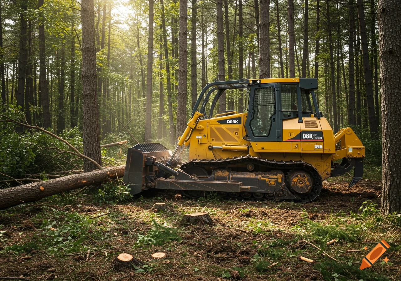 A yellow bulldozer pushes over a large tree in a sunlit forest. on Craiyon