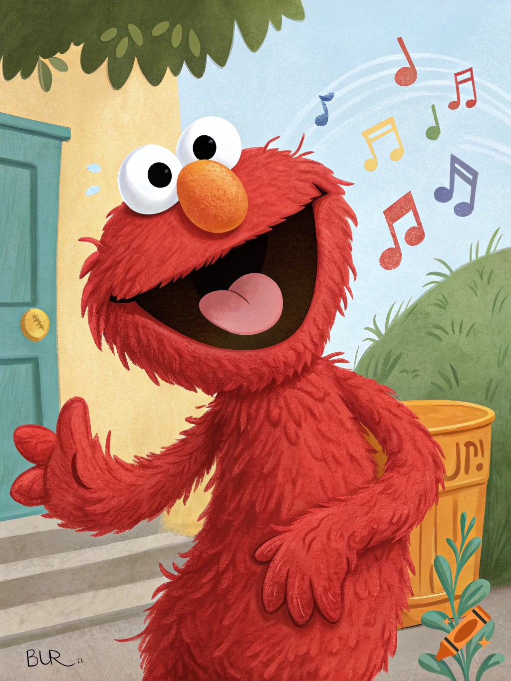 Illustration of Elmo standing outside singing with musical notes around ...