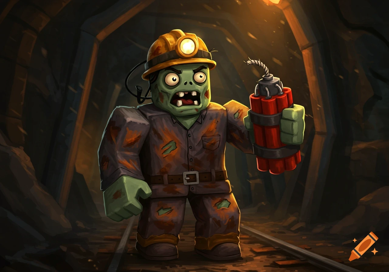 Cartoon zombie miner holds dynamite in a dark mine shaft. on Craiyon