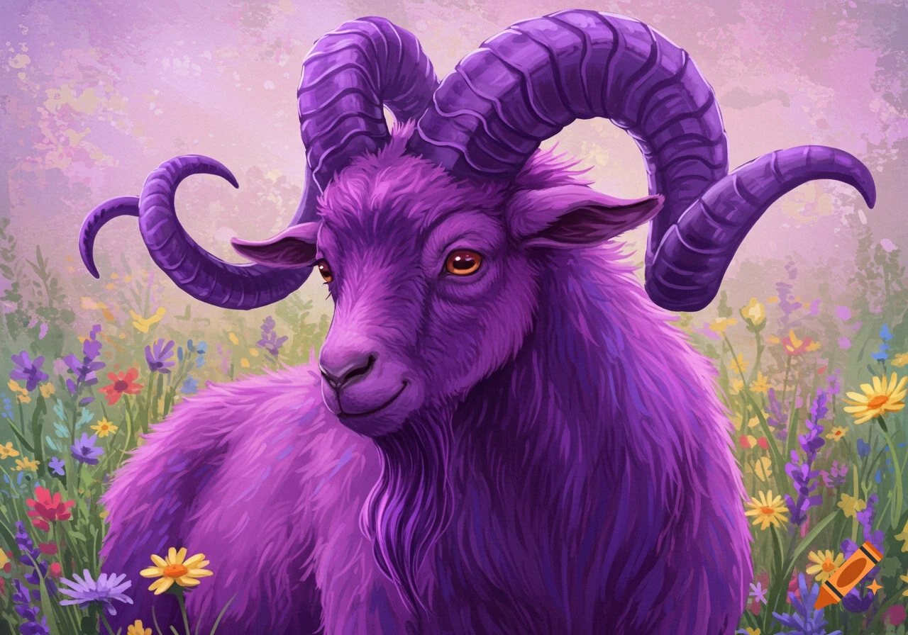 A purple goat with large curled horns sits among colorful wildflowers ...