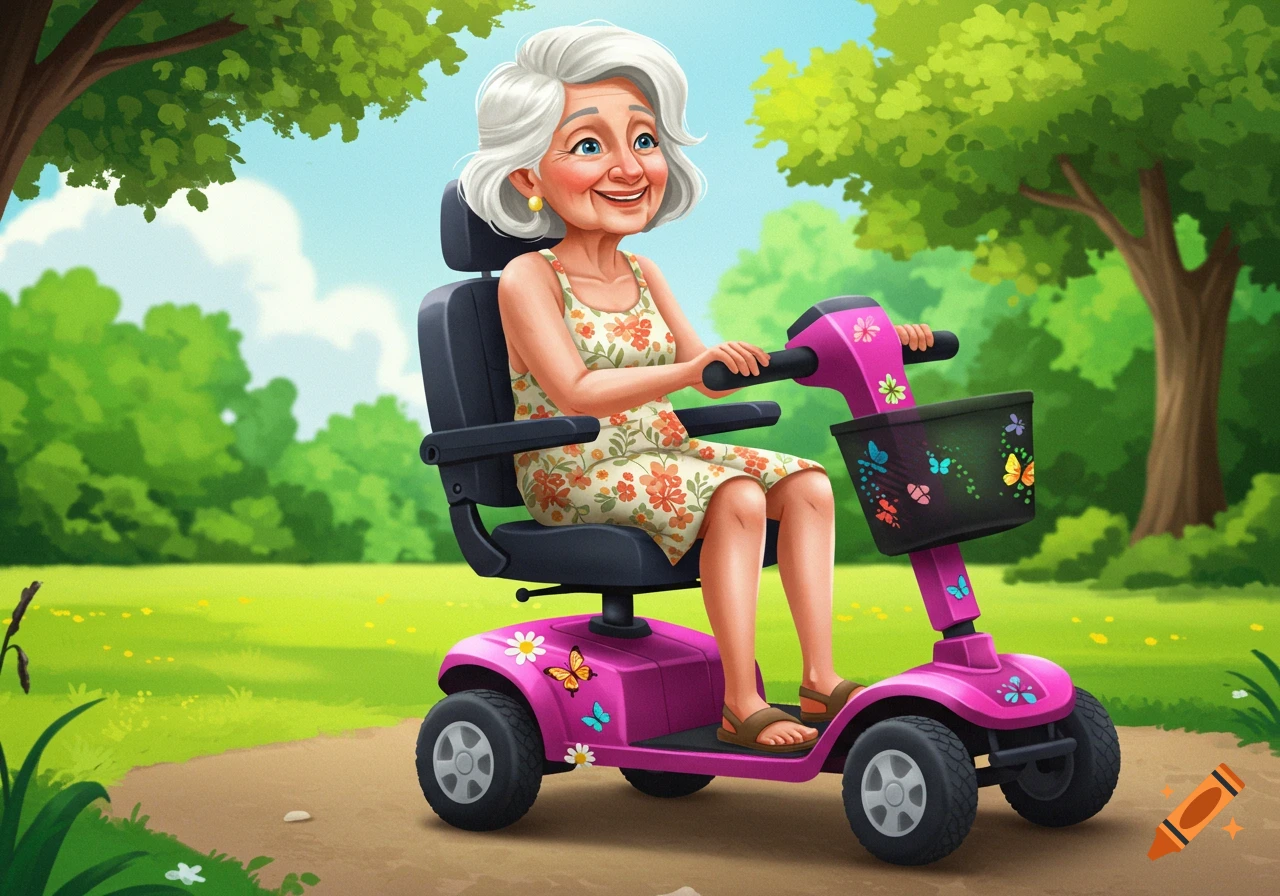 A cartoon elderly woman rides a pink mobility scooter through a park ...