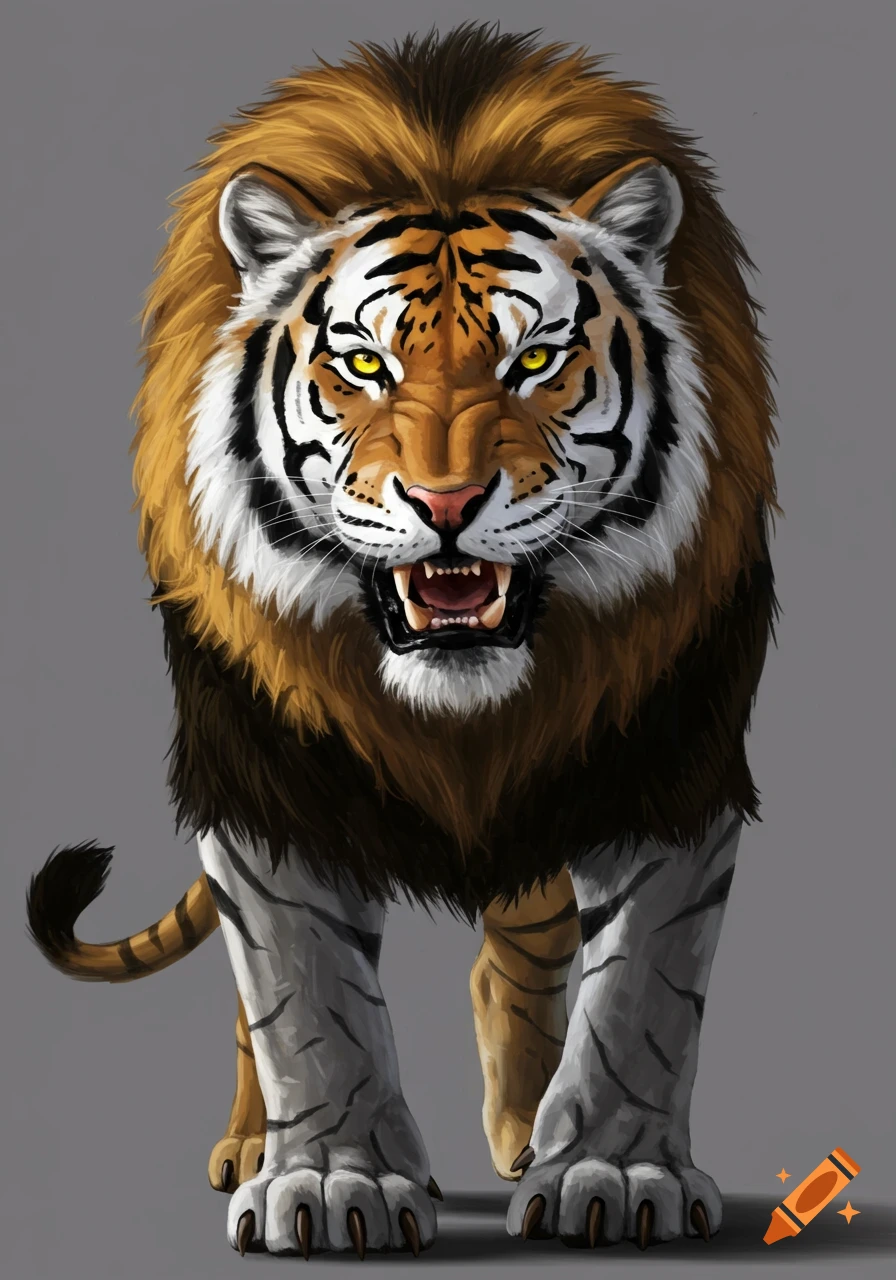 A lion-tiger hybrid creature with a mane stands facing forward. on Craiyon