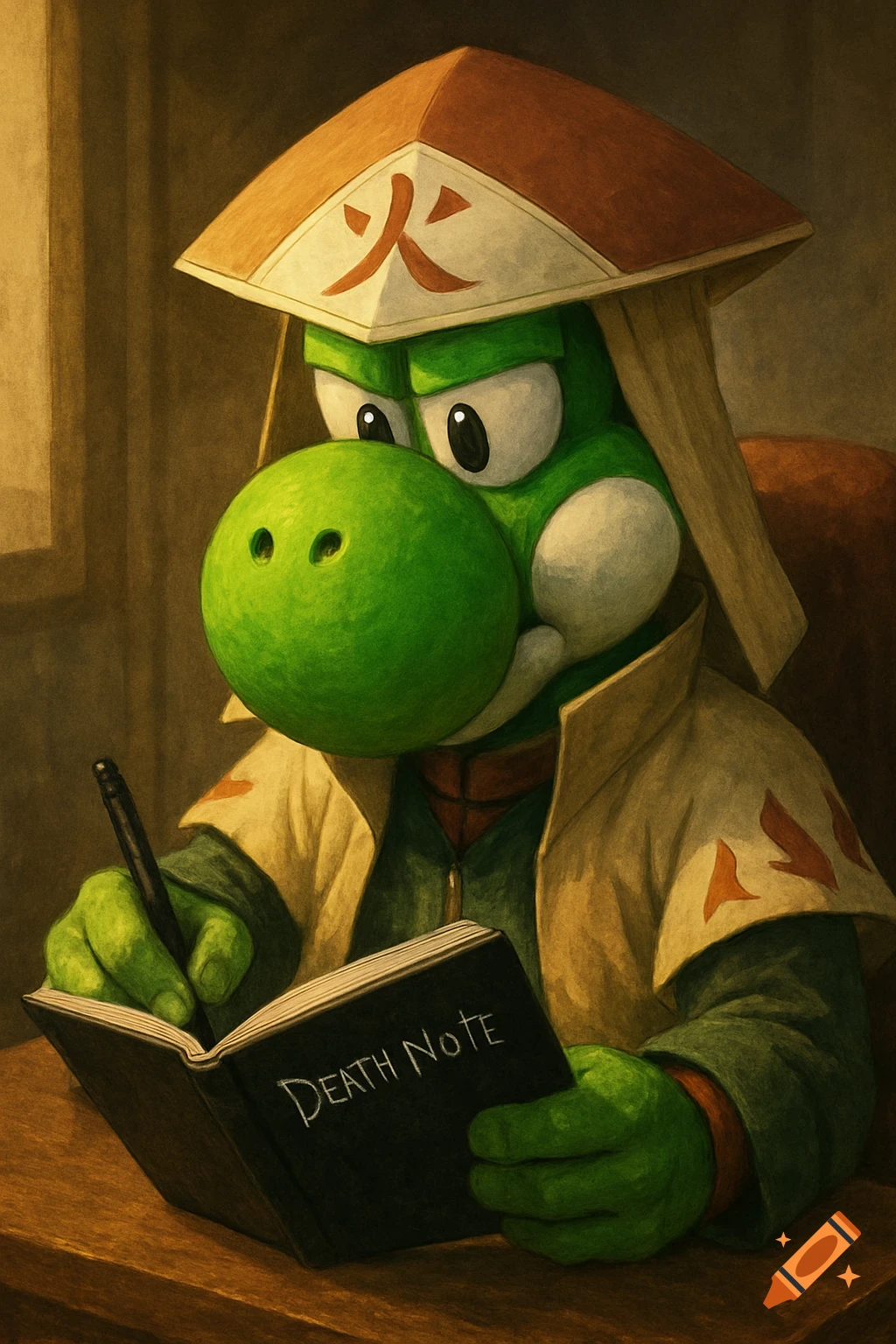 Yoshi dressed as a Hokage writes in a Death Note notebook. on Craiyon