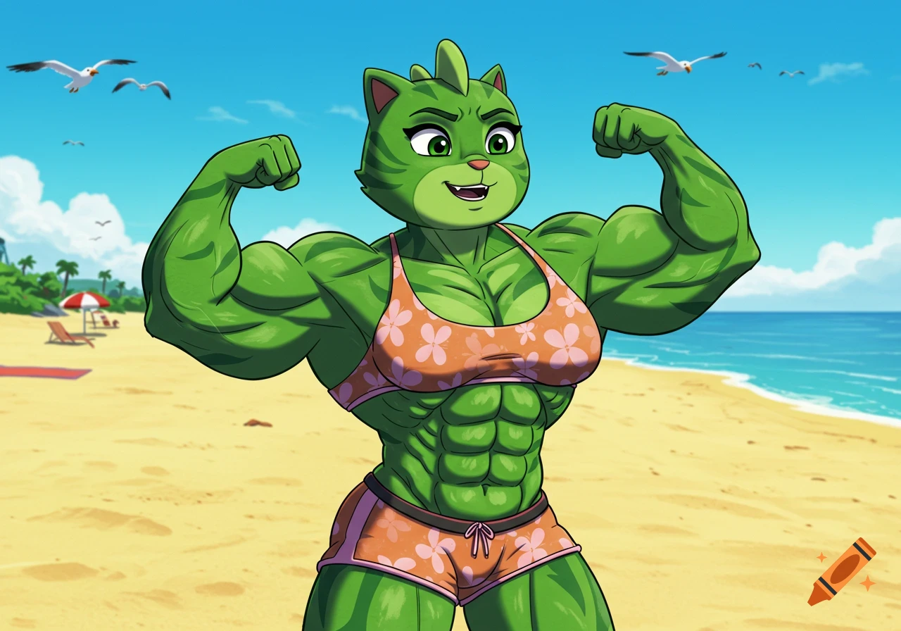 A muscular green cartoon cat in a bikini flexing on a beach. on Craiyon