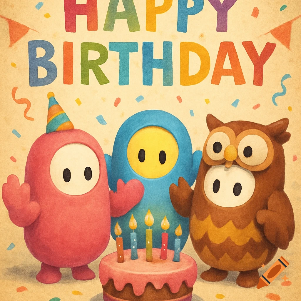 Fall Guys characters with a birthday cake and 'Happy Birthday' text. on ...
