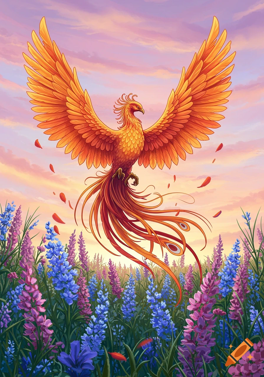 Phoenix flying over a field of flowers at sunset, fantasy art on Craiyon
