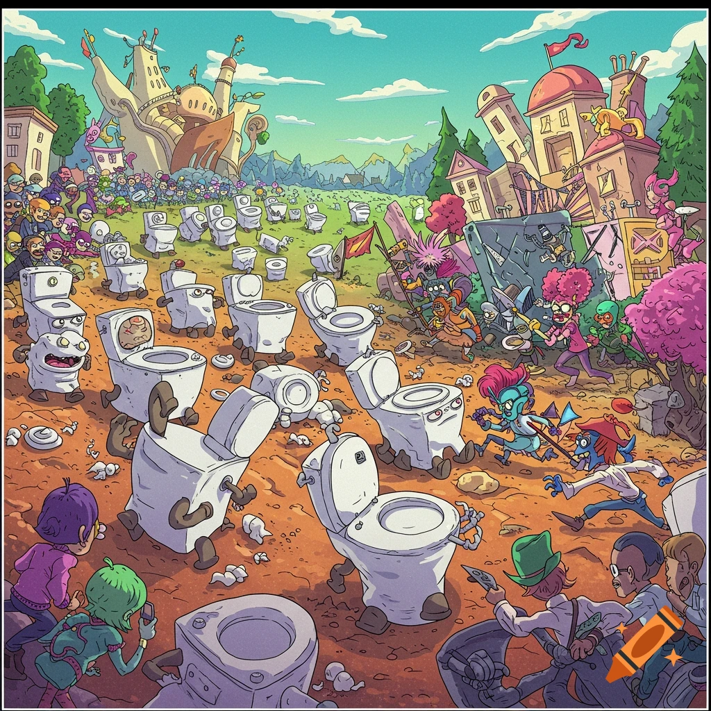 Cartoon battle scene with an army of walking toilets attacking a ...