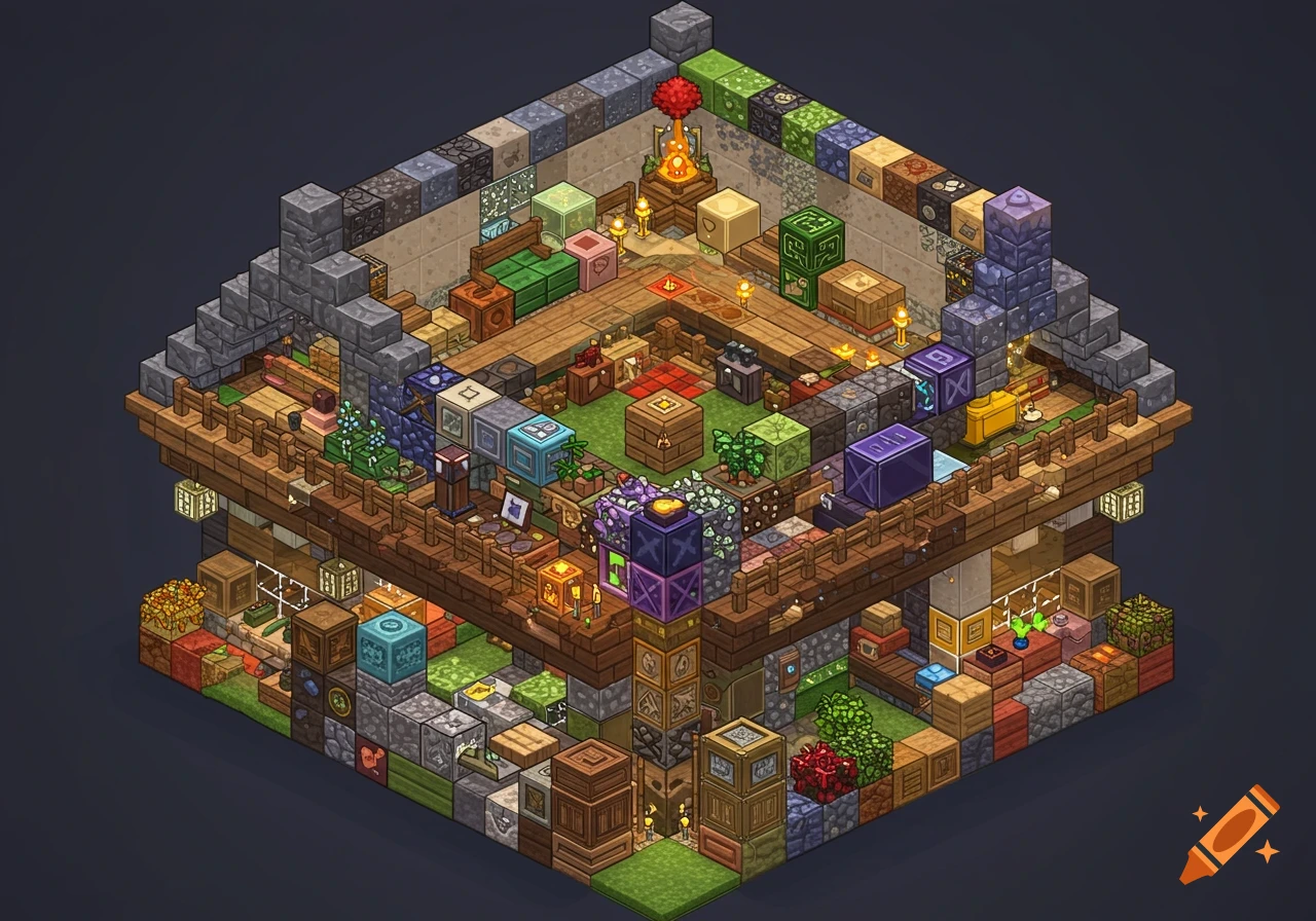 An isometric view of a detailed Minecraft-style house layout with ...